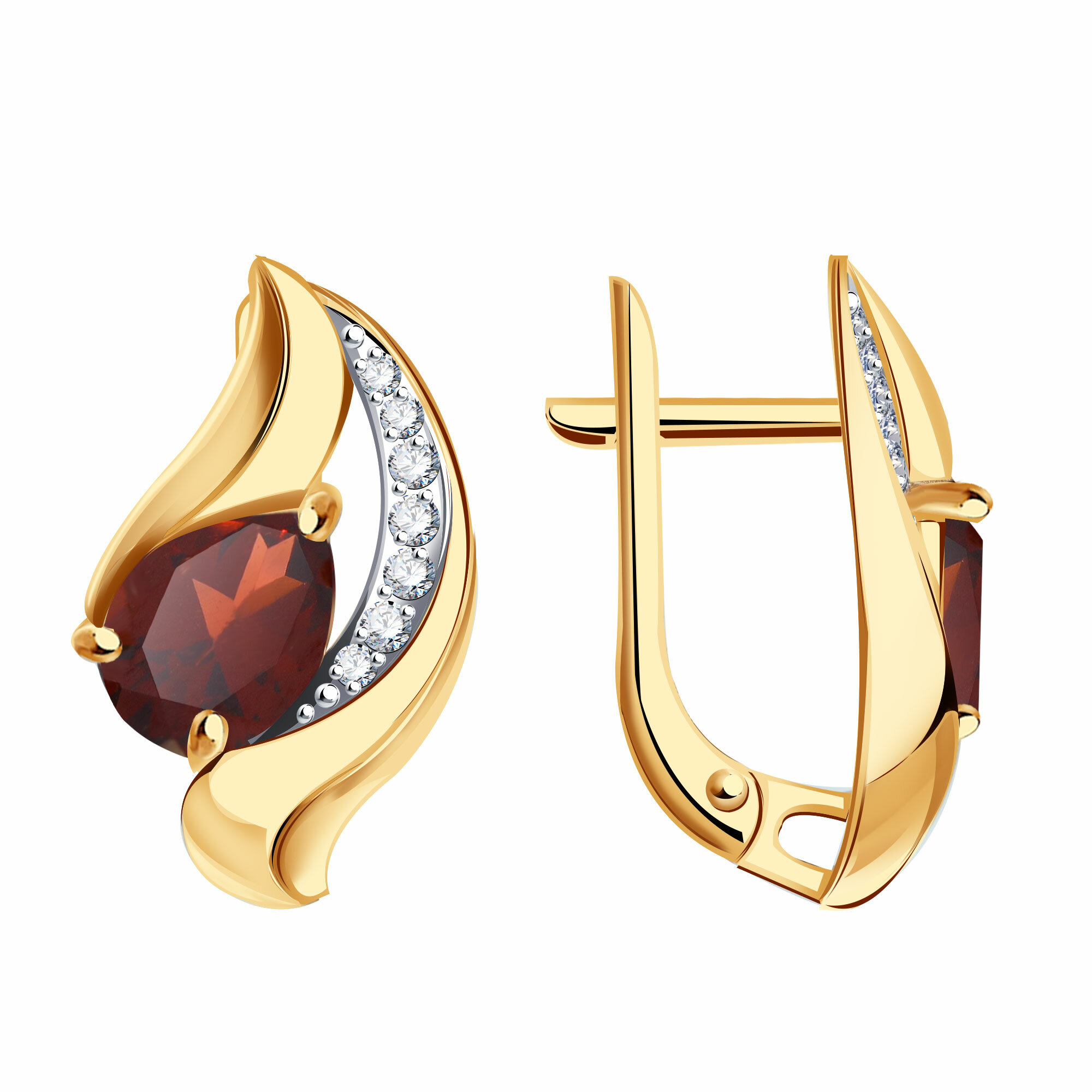 Серьги, красное золото, 585 проба, фианит, гранат
