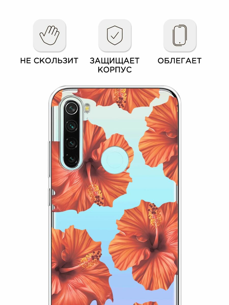 Чехол на Xiaomi Redmi Note 8 / Сяоми Редми Нот 8 с принтом "Рыжие гибискусы", прозрачный — фото 1