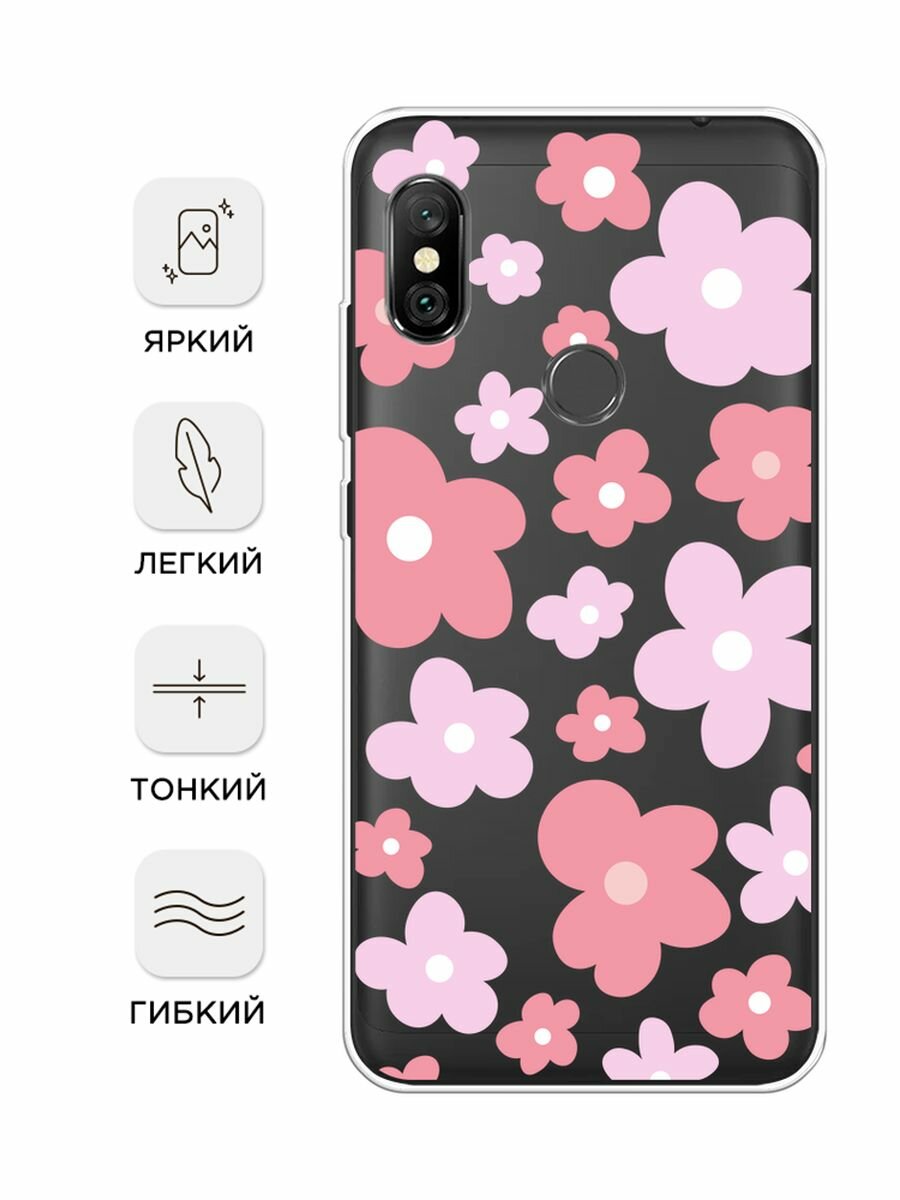 Чехол на Xiaomi Redmi Note 6 Pro / Сяоми Редми Нот 6 Про с принтом "Нежные розовые цветочки рисунок", прозрачный — фото 1