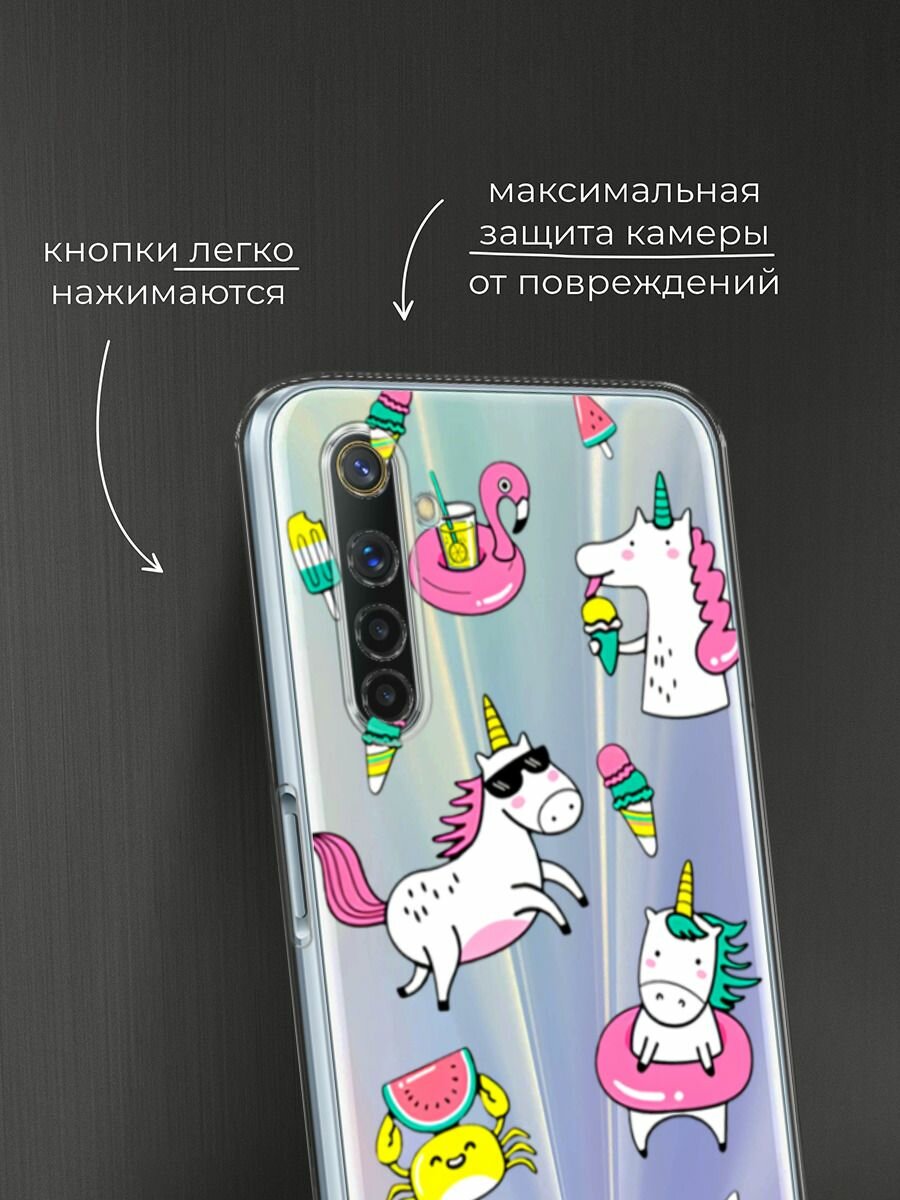 Чехол на Realme 6 / Реалми 6 с принтом "Единороги в отпуске", прозрачный — фото 1