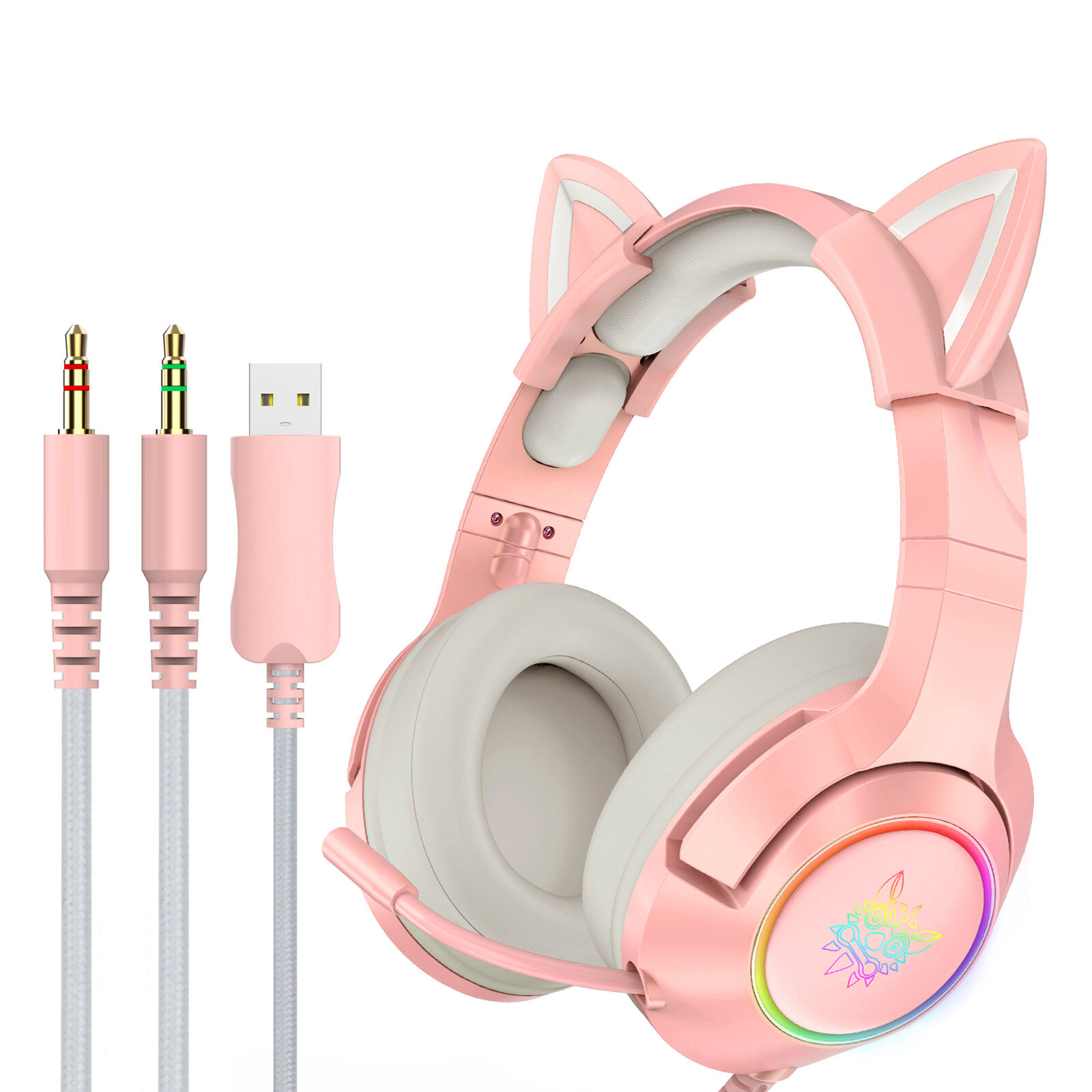 ONIKUMA K9 Проводные игровые наушники с съемными кошачьими ушками, шумоподавлением, микрофоном, RGB-подсветкой, регулятором громкости и кнопкой отключения микрофона для ПК.