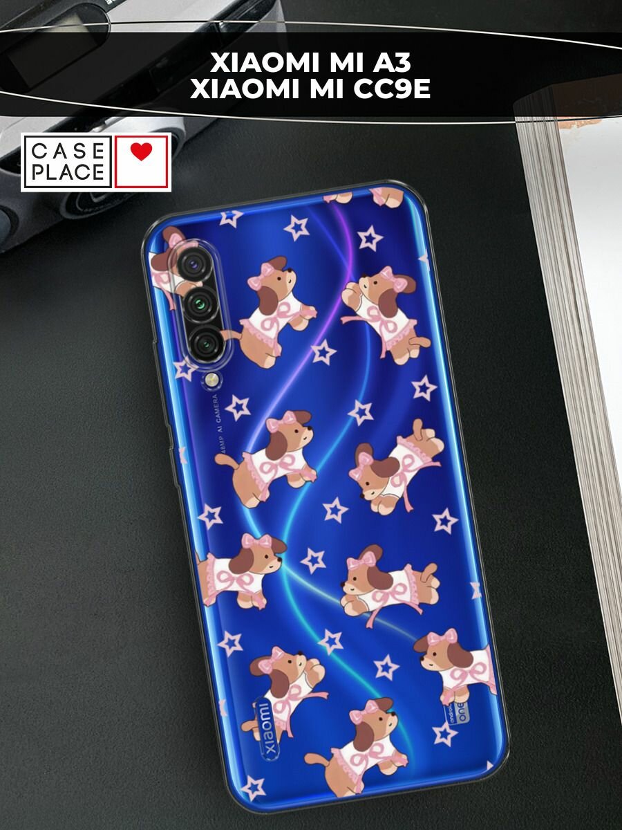 Чехол на Xiaomi Mi CC9E/Mi A3 / Сяоми Mi CC9E/Mi A3 с принтом "Милый щенок с бантиком", прозрачный