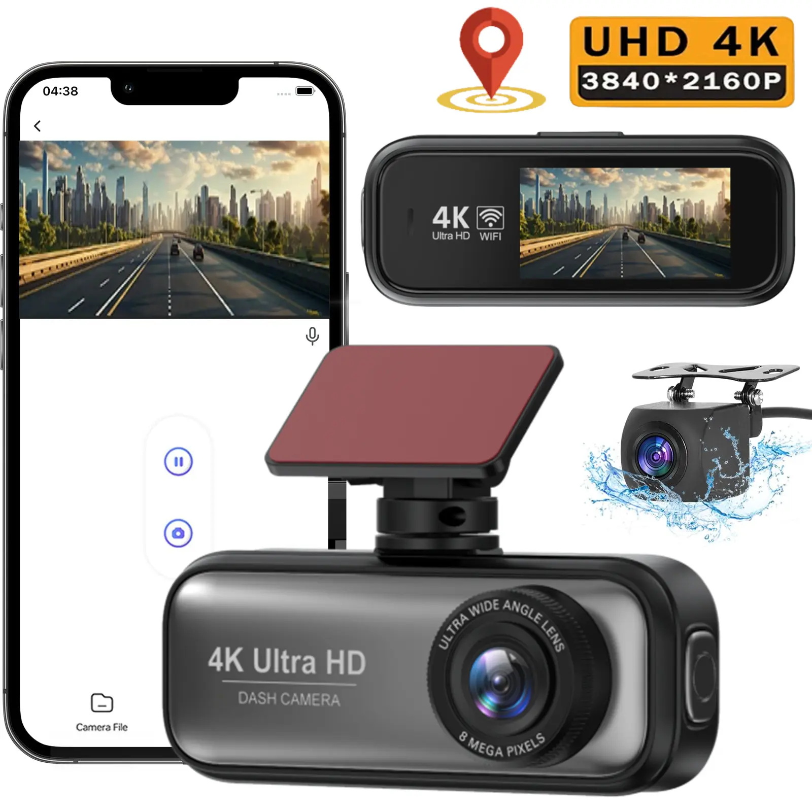 Автомобильный видеорегистратор HD 4K+1080P с двумя каналами, Wi-Fi, GPS, черный ящик для видеорегистратора