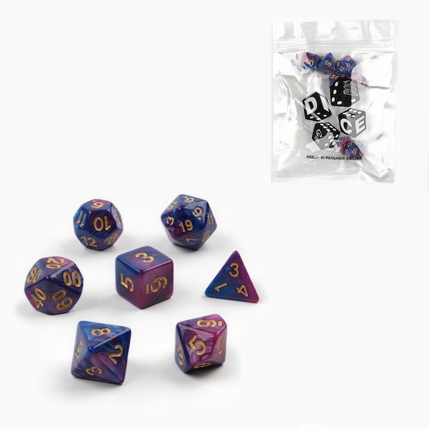 Кубики - дайсы для ДнД Время игры, набор 7 шт, цвет розовый/синий