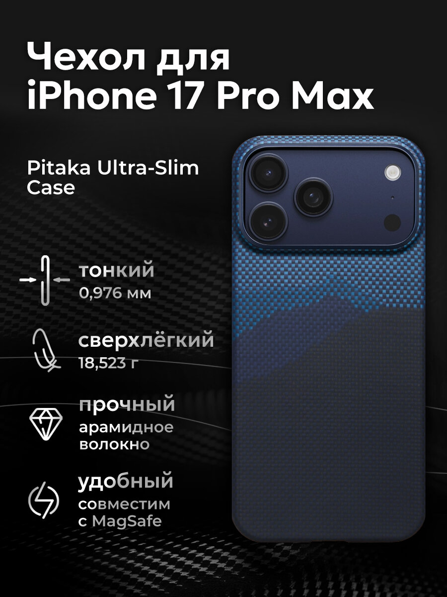 Чехол Pitaka "Over the Horizon", для iPhone 17 Pro Max, кевлар, темно-синий