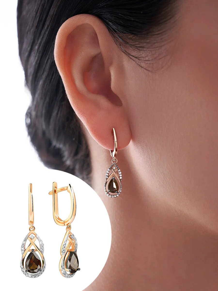 Серьги VALTERA, серебро, 925 проба, фианит, , коричневый, золотистый — фото 1