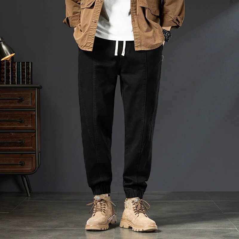 Охоты Брюки JYL Чистый цвет Джинсы муж. с полотенцем низом высокий пояс сплошной цвет тепл. толст. джинсы муж. плус толст. больш. размер эластич. пояс штаны муж. черный/L