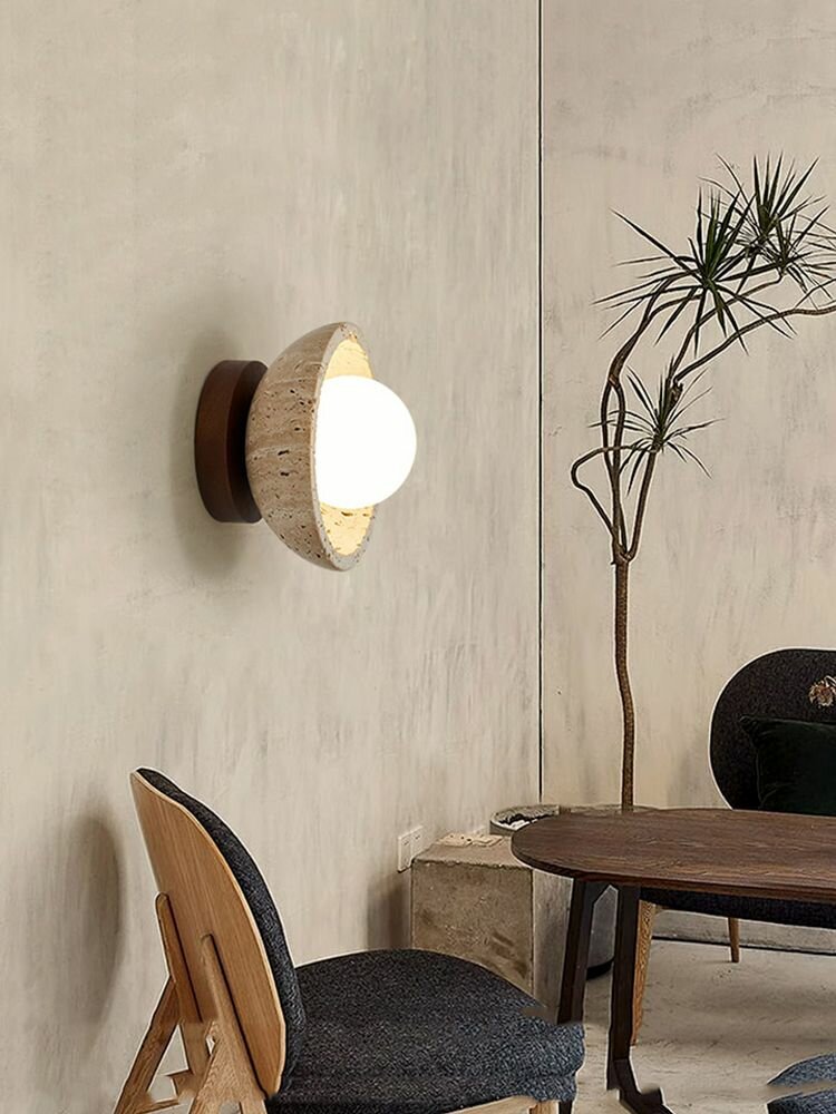 Бра, Сферический Корпус Из Желтого Травертина, Основание Из Массива Дерева