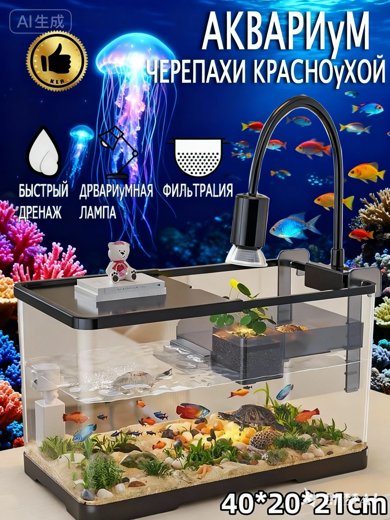 Аквариум для красноухой черепахи 18 л, 40 20 21 см, с фильтром, УФ-лампой и платформой, комплект, прозрачный корпус