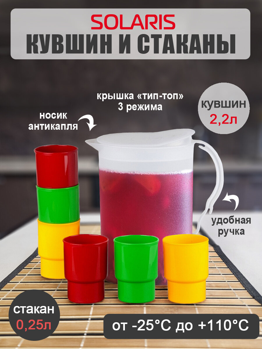 Набор пластиковой, многоразовой посуды SOLARIS: 6 стаканов 0,25л в кувшине