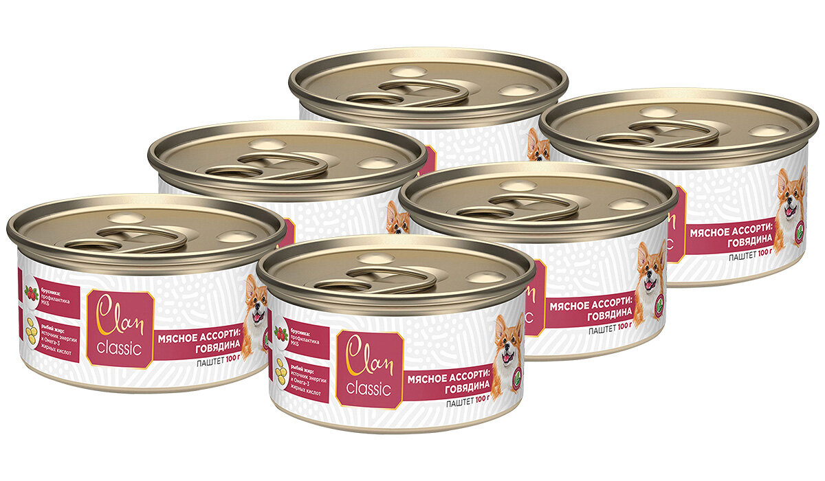 Корм влажный Clan Classic Мясное Ассорти для взрослых собак, говядина, 100 г х 6 шт