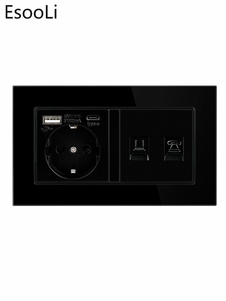 Розетка EU с портами USB и Type-C с телефонным портом RJ12 и интерфейсом компьютерного сетевого кабеля RJ45, черная закаленное стекло