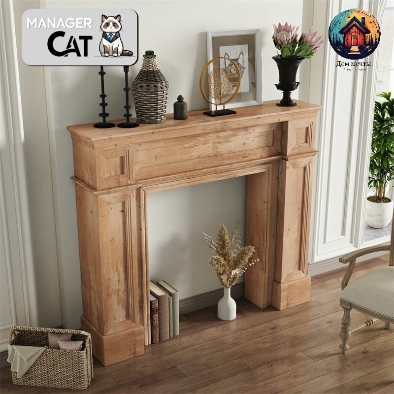 Каминная декоративная тумба, полка 130x20x110CM Оригинальный цвет дерева, Дом мечты.