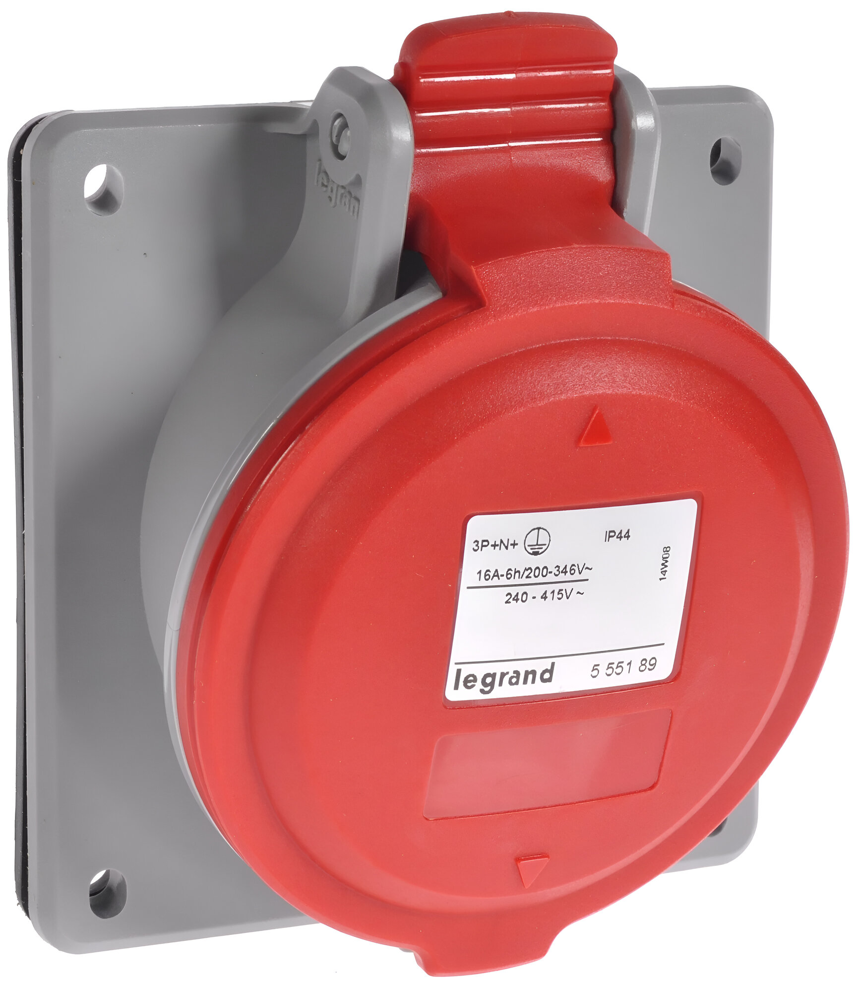 Розетка встраиваемая наклонная Legrand P17 Tempra Pro, 16А, 3К+Н+З, 380/415 В~, IP44, арт. L555189, цвет серый/красный