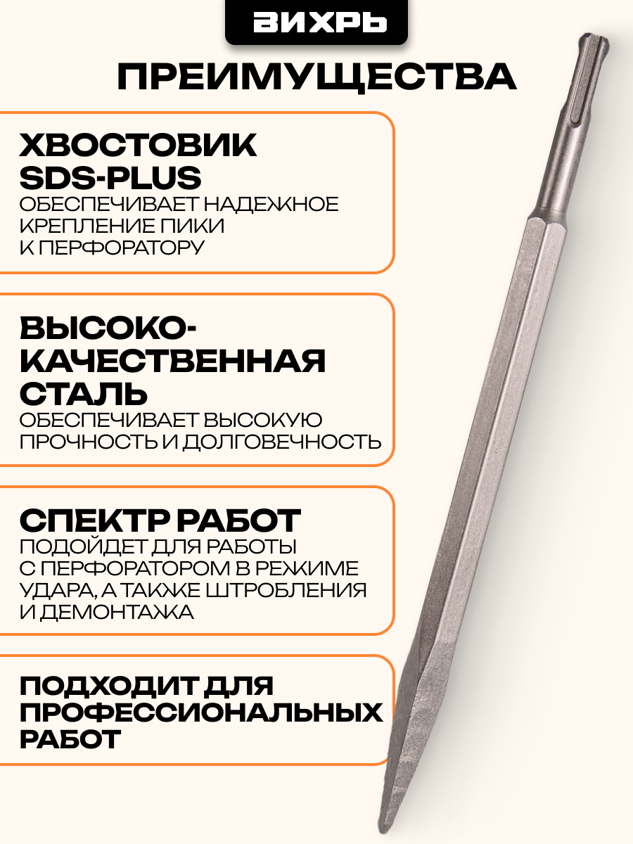 Пика Вихрь 250 мм SDS-Plus, из легированной стали марки 40Х, для перфоратора — фото 1