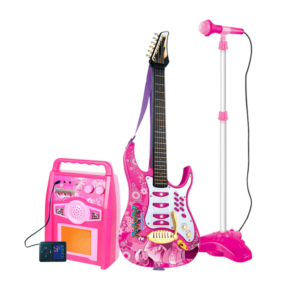 Комплект музыкальных инструментов для караоке с микрофоном и гитарой, многофункциональный набор, регулируемый объем, закрытые ручки, электрогитара с микрофонным усилителем, материал ABS, цвета синий и розовый (по выбору), размеры колонки 18.7*7.7*26см,