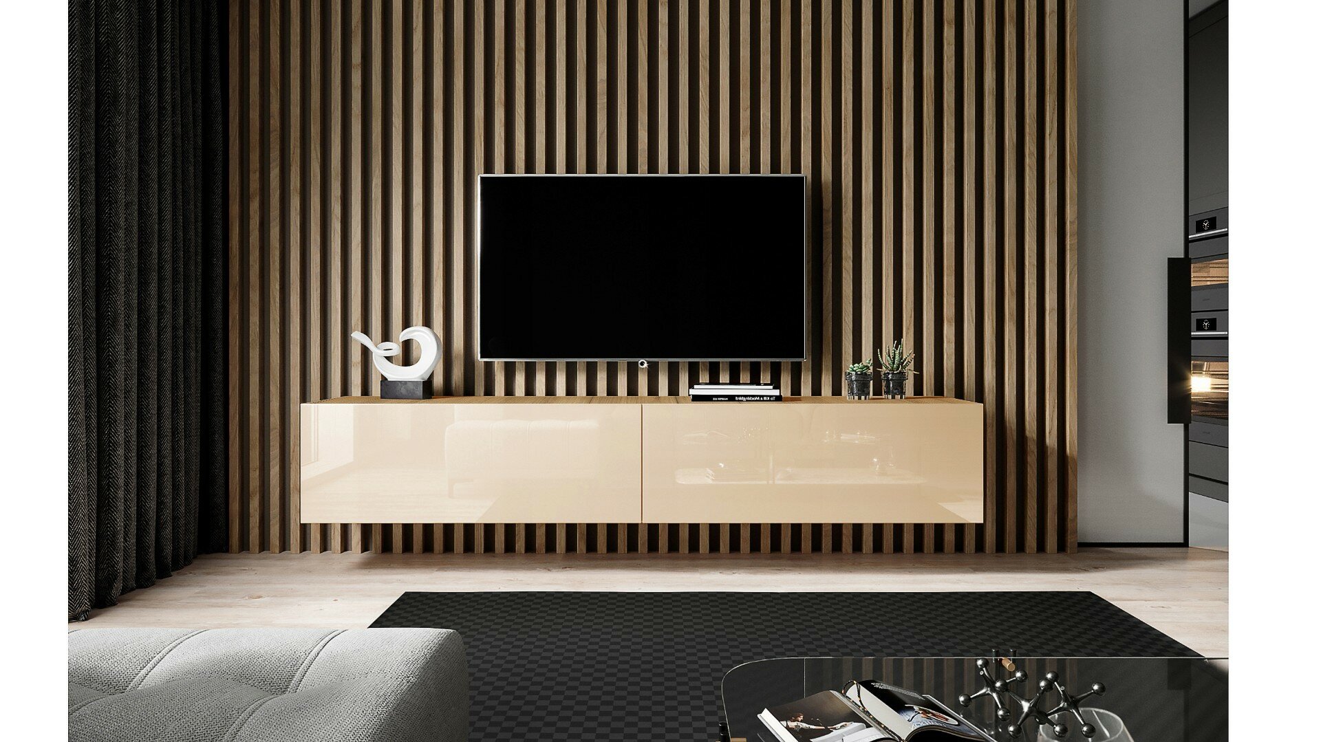 ТВ-тумба Виго (большая) МДФ Купуасу глянец HG003 (131082) NEW 180x42x30 см, бежевый GOODFORM в наличии