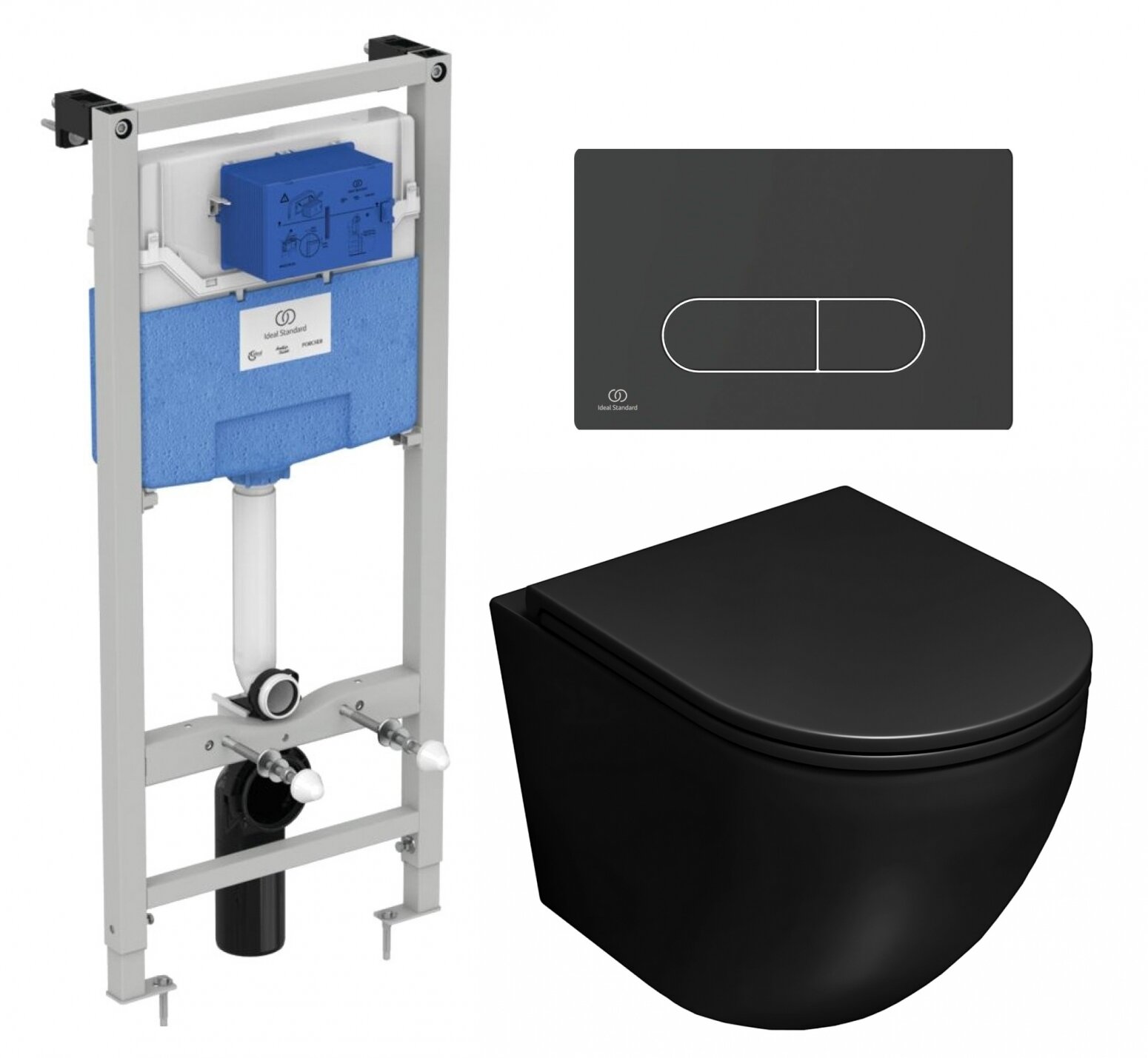 Комплект 3 в 1 инсталляция Ideal Standard + Унитаз подвесной Lorne Pilpao BL LN5007503 + кнопка черная