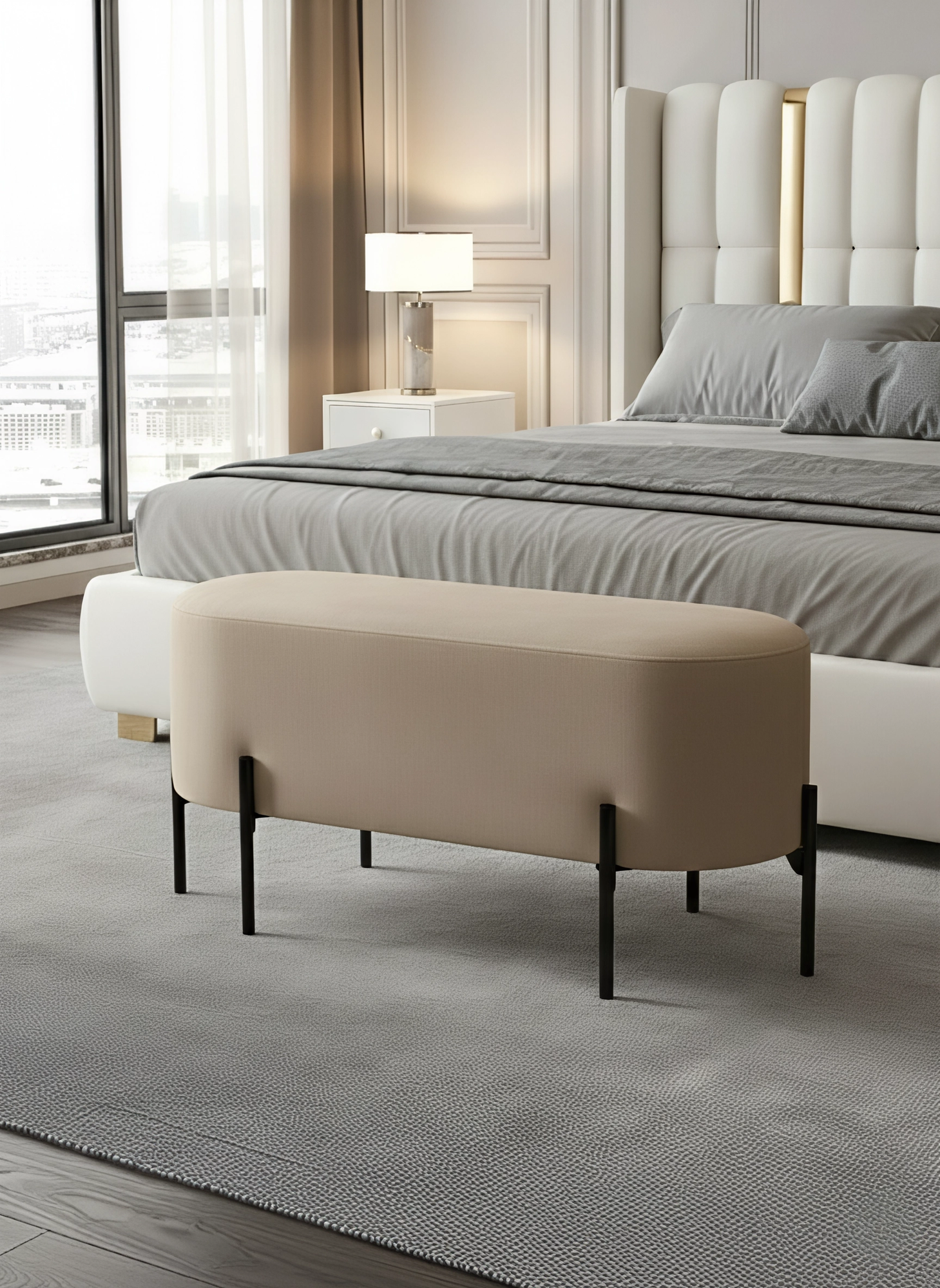 Банкетка для туалетного столика, пуф дизайнерский в гостиную, спальню с ножками с черным покрытием, овальный 78х42x32, бежевый