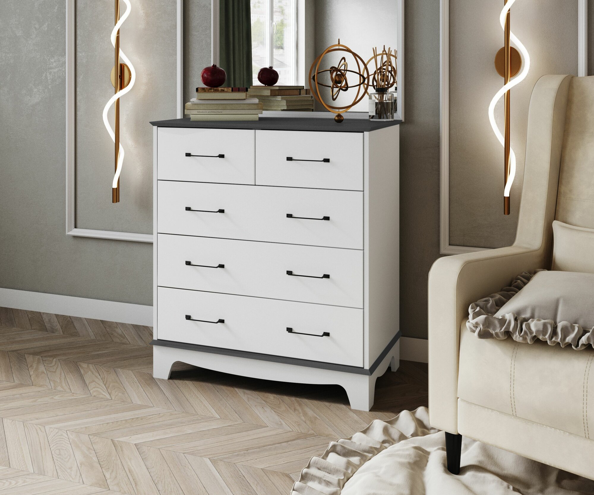 Комод Валенсия (корпус) графит серый/белый + (фасад) белый снег (Микон)