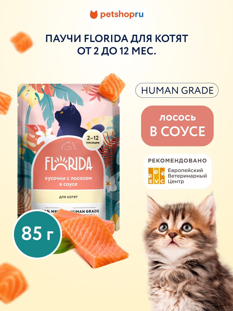 FLORIDA паучи для котят: кусочки с лососем в соусе, 85 гр Влажный корм