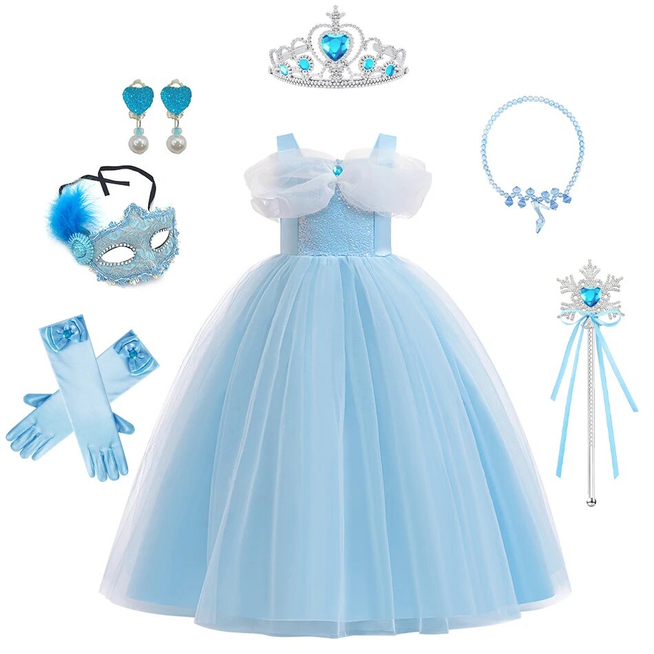 Мечтательный костюм Золушки для девочек, детское бальное платье без рукавов с открытыми плечами, карнавальные наборы для ролевых игр на Хэллоуин с героями мультфильмов