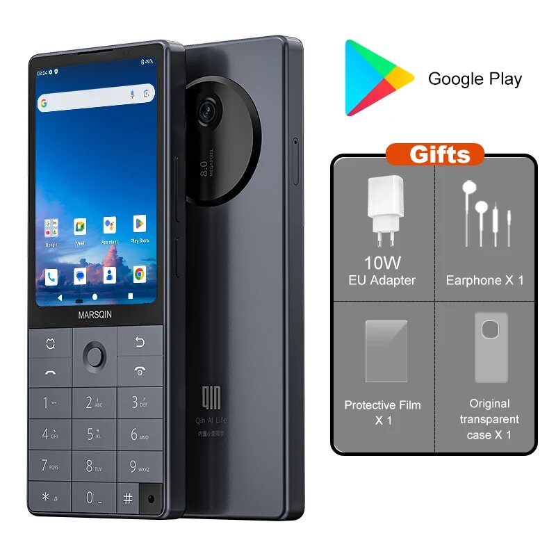 Qin F25 Сенсорный экран с двумя SIM-картами MTK8786 Android 14 Wi-Fi 3,54 дюйма 6 ГБ + 128 ГБ Google Bluetooth 2700 мАч Аккумулятор 640*960 Телефон Duoqin EU Charger, Google Black
