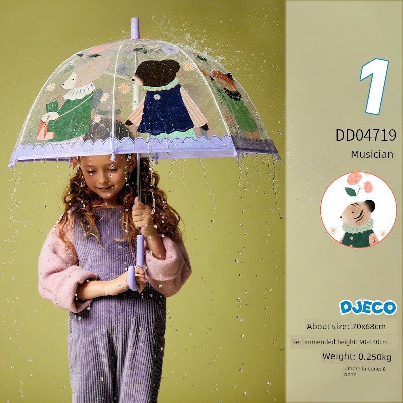 Детский прозрачный зонт Djeco для девочек, учащихся начальной школы, детей детского сада, милый зонт с длинной ручкой