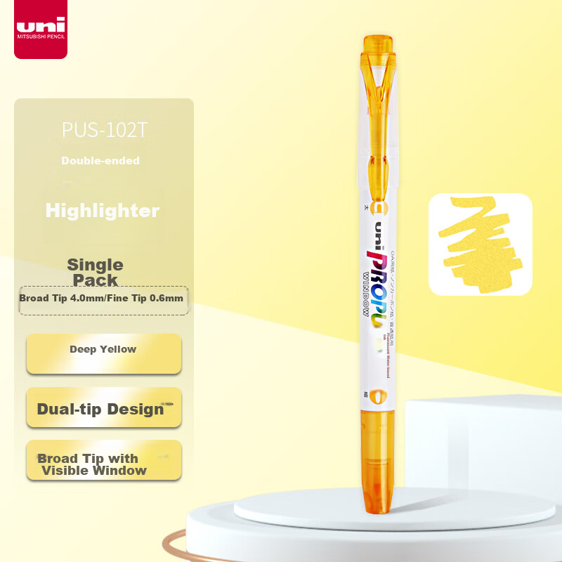 Mitsubishi (Uni) Light Color Highlighter Dual Tip Marker Pen (Fine 0.6mm / Broad 4mm) with Visible Window Student Highlighting PUS-102T 1pc/Bag Deep Yellow