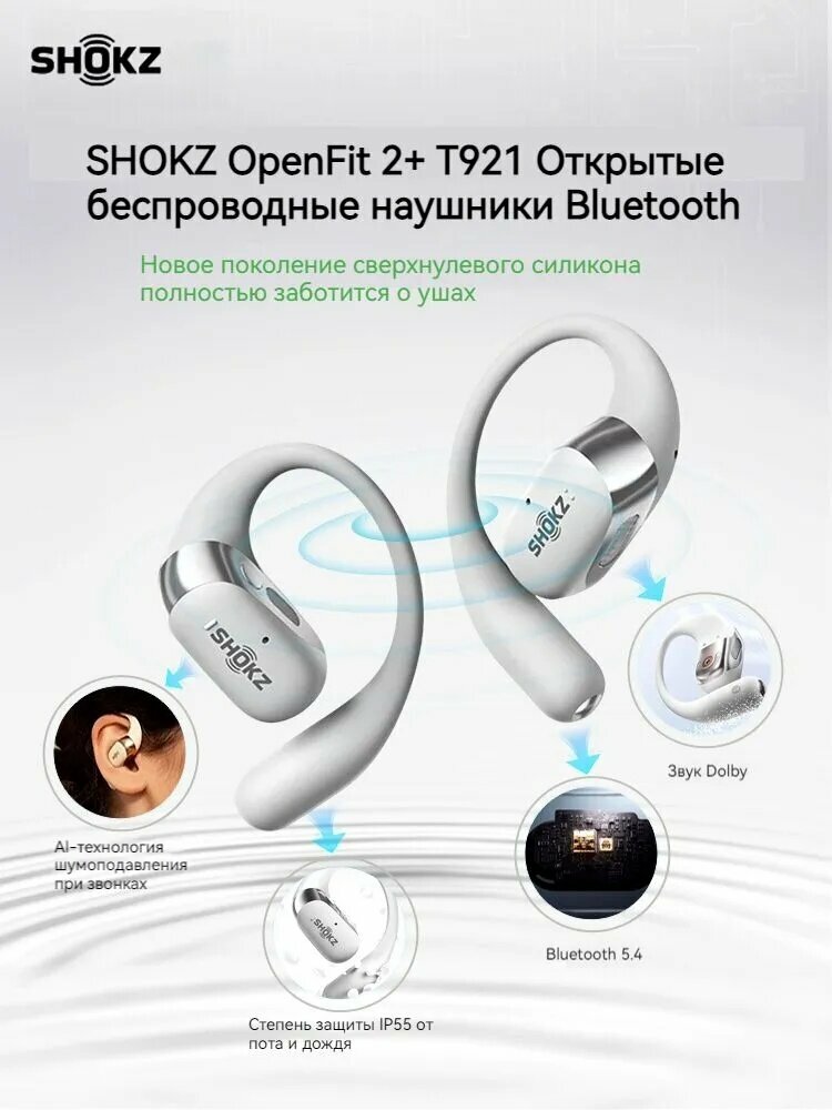 SHOKZ Наушники беспроводные с микрофоном, Bluetooth, USB Type-C, серебристый