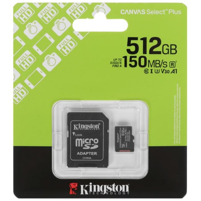 Kingston microSDXC Memory Card 512Gb A1 V30 UHS-IU3 Class10 + microSD-->SD Adapter