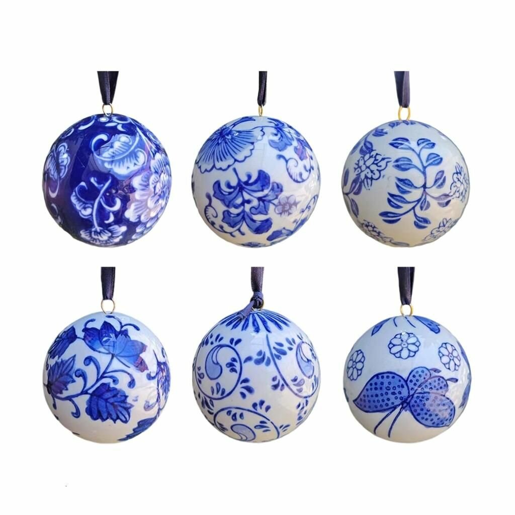 6 шт. Рождественские фарфоровые шары 2.4 дюйма, сине-белые украшения, декоративные керамические подвески для дома, дерева, вечеринки, Глубокий Сапфировый