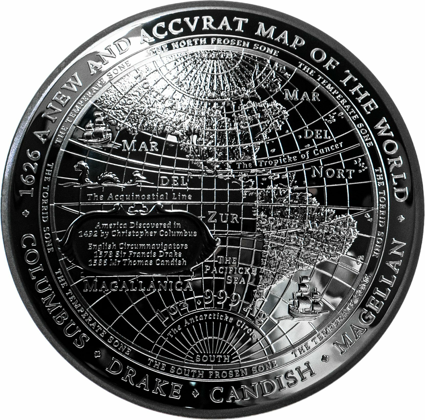 Австралия 5 долларов 2019 "Карта 1626 года Западное полушарие Корабль" в футляре, с сертификатом, Серебро 999, в сохранности Proof