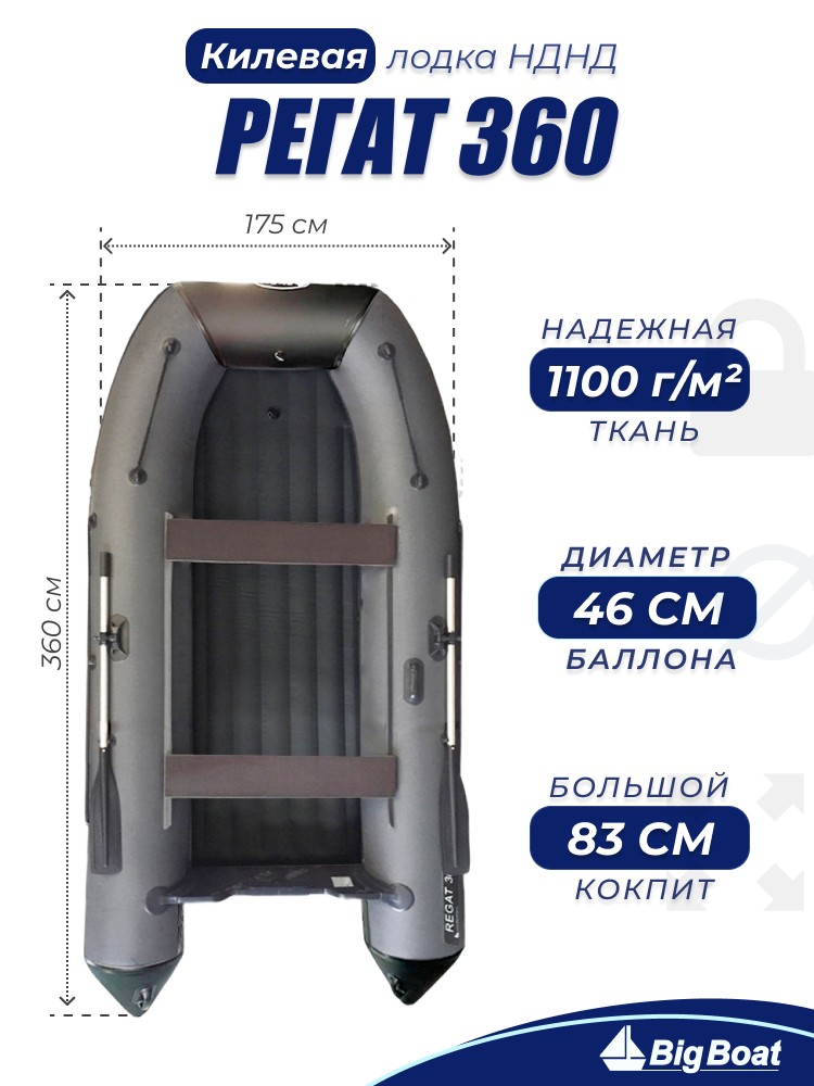Надувная, под мотор, килевая лодка из ПВХ для рыбалки Regat (Регат) 360 НДНД