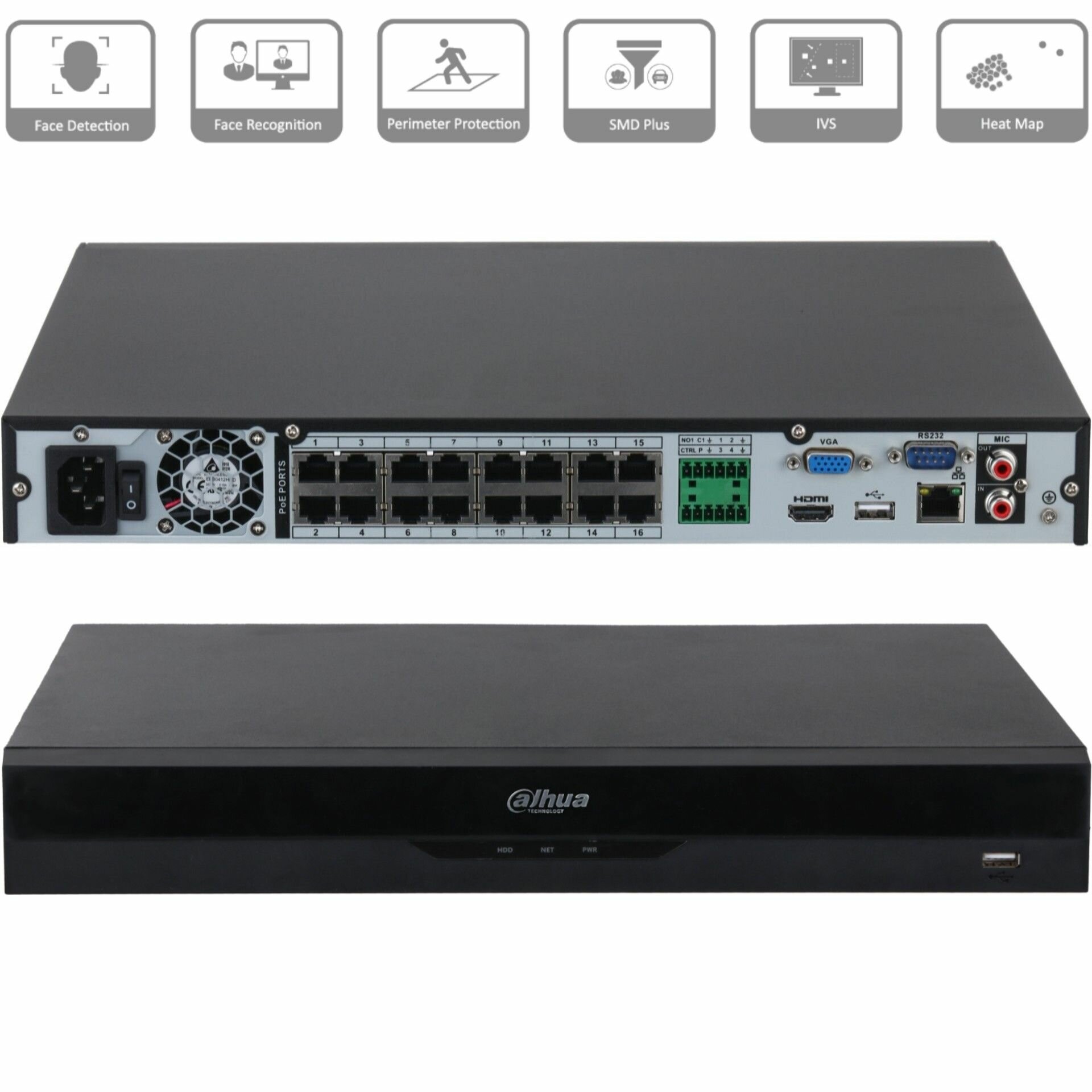 Dahua DH-NVR4216-16P-EI - 16 канальный видеорегистратор IP для камер видеонаблюдения, NVR регистратор сетевой с PoE