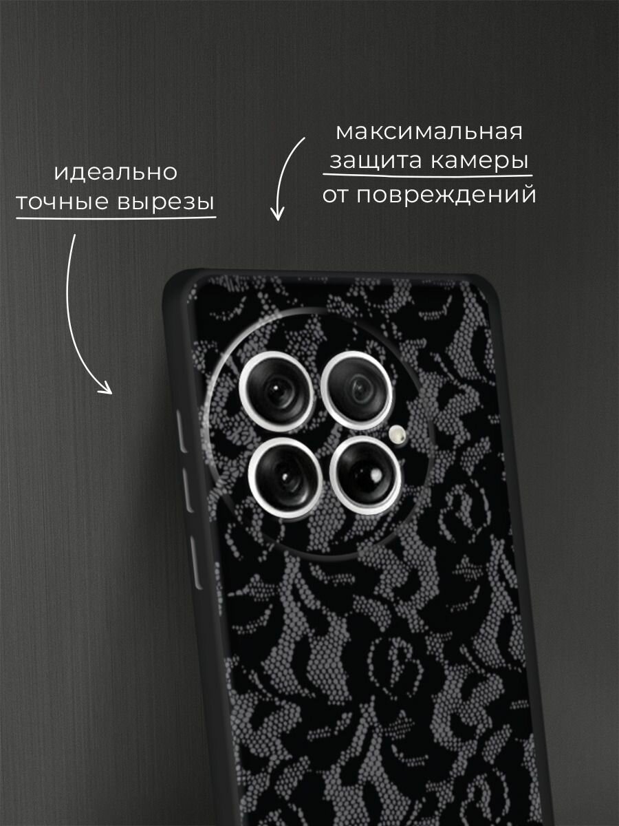 Черный матовый чехол на OnePlus 13 / Ван Плас 13 с принтом Черные кружева цветов — фото 1