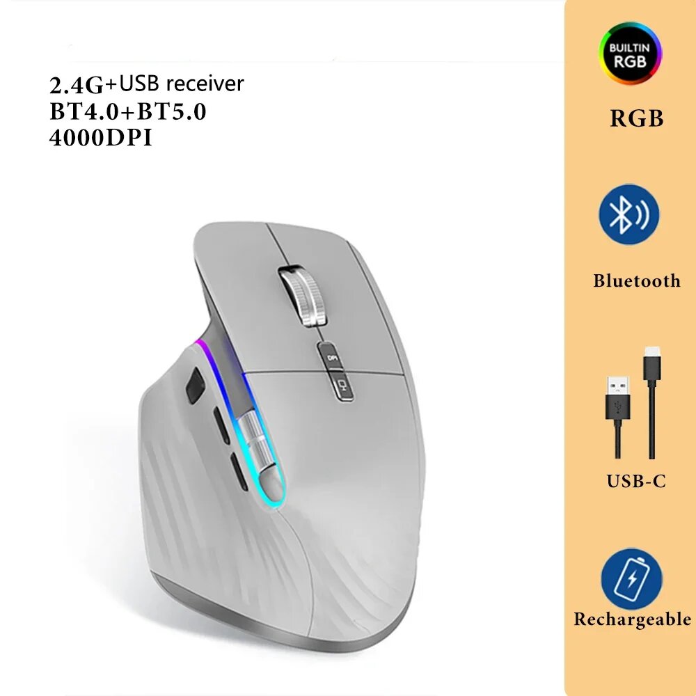 Беспроводная мышь RGB Bluetooth 2.4g-gray 4000DPI