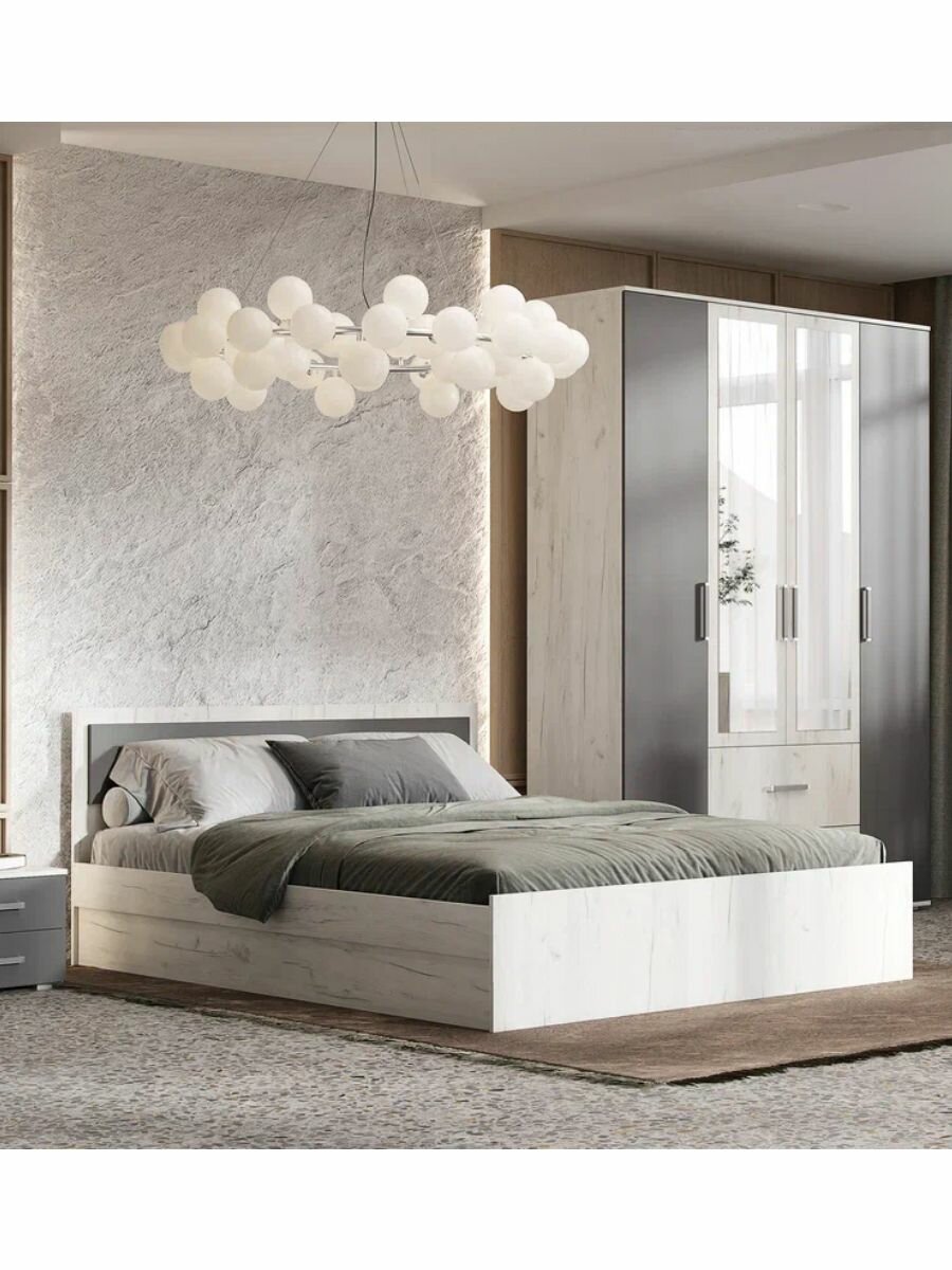 Кровать двуспальная Фиеста NEW 1,6 1635х800х2037, Дуб Крафт белый/Графит, с настилом, МИФ