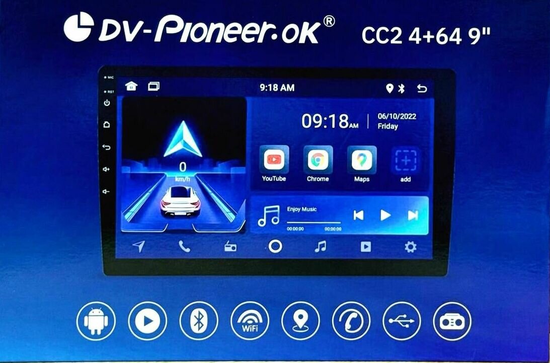 Автомагнитола DV-Pioneer. ok CC2 4/64GB Андроид 2Din, 9 дюймов