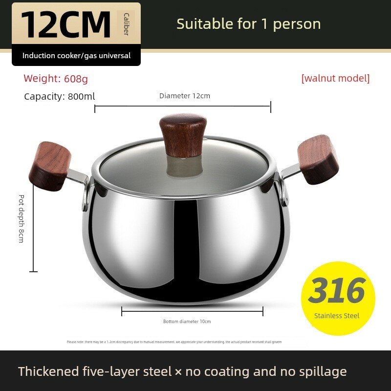 Мини-супница из нержавеющей стали 316L с деревянной ручкой из ореха, 12 см диаметром, отлично подходит для детского