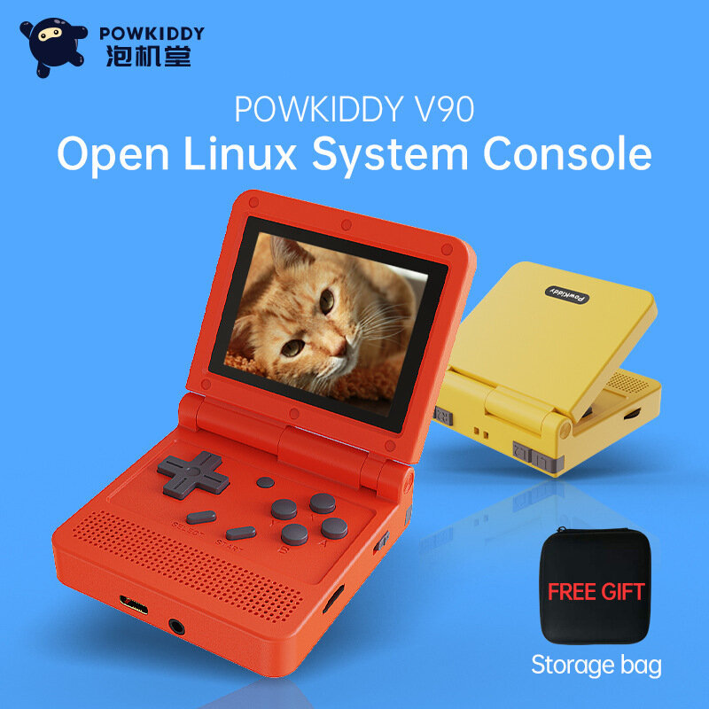 PowkiddyV90 Cross border Mini Palm Flip Open Source 64 bit Classic Vintage GBA Arcade Game Machine English Black V90 64G