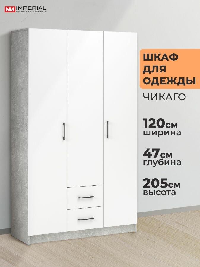 Шкаф распашной для одежды Чикаго 3д 2ящ, ателье светлый/белый