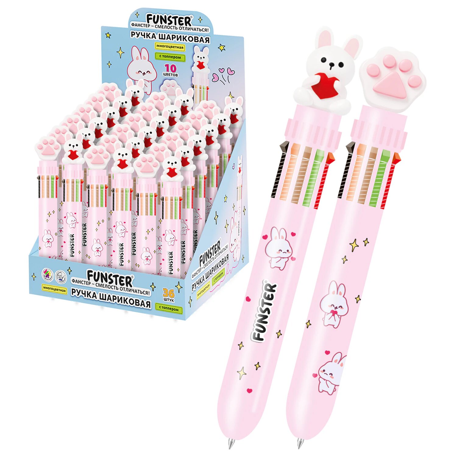 Ручка многоцветная с топпером шариковая автоматическая 10 цветов FUNSTER "WOW", ассорти, пишущий узел 0,7 мм, линия письма 0,35 мм, 144382 (упаковка 36 шт.)