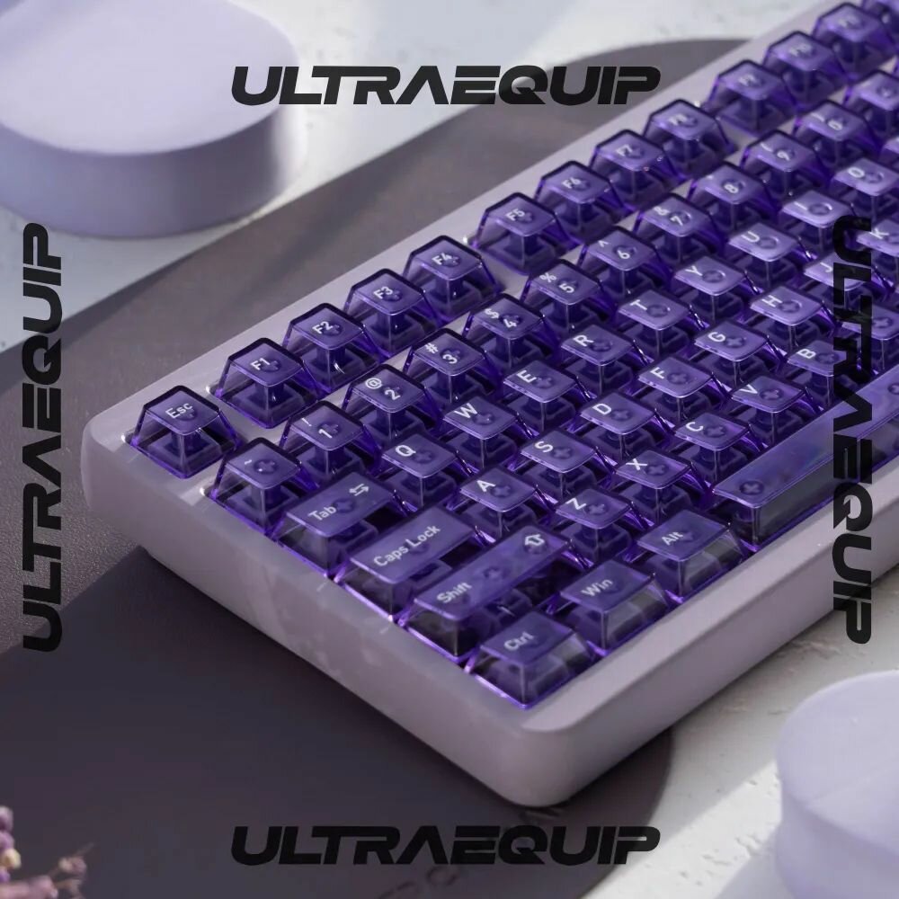 Кейкапы для механической клавиатуры - ULTRAEQUIP Набор "Фиолетовый Кристалл": 115шт, Фиолетовые Кристаллические, Матовые Полупрозрачные, Профиль Cherry, 4-Боковая Высокая Прозрачность, для MX Switch