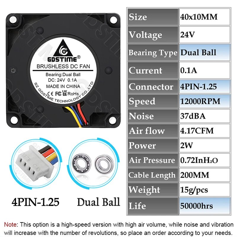 Gdstime GDB4010 Бесщеточный вентилятор для 3D-принтеров 1Pc 4010 Blower, 24V Ball 4PIN