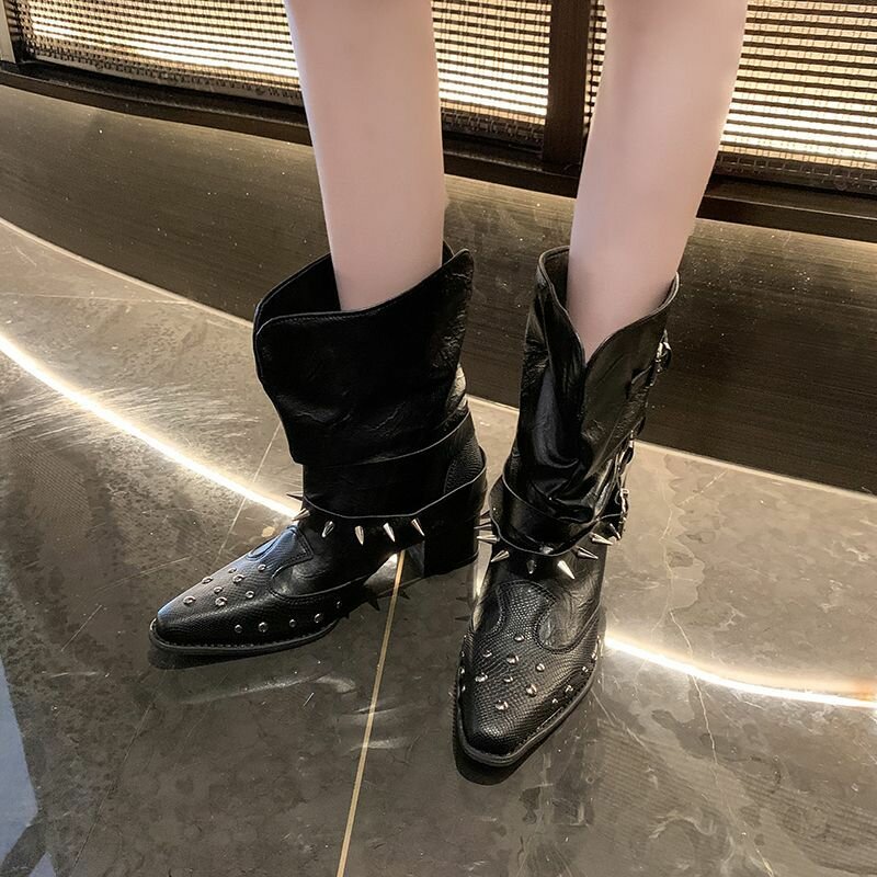 Уникальные длинные сапоги с острым носом для женщин с заклепками, в стиле панк, на массивном каблуке, стильный и острый стиль, рыцарские сапоги, западные ковбойские сапоги на шнуровке