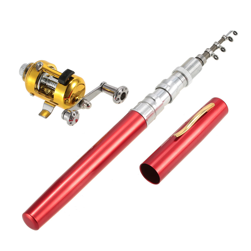 Комплект для рыбалки Fishing Rod Reel Combo Kit Set: мини-телескопическая портативная ручка-удочка из алюминиевого сплава и стекловолокна, цвета: фиолетовый, синий, черный, золотой, серебристый, красный, закрытая длина 20.5см, раскрытая длина 99см, вес