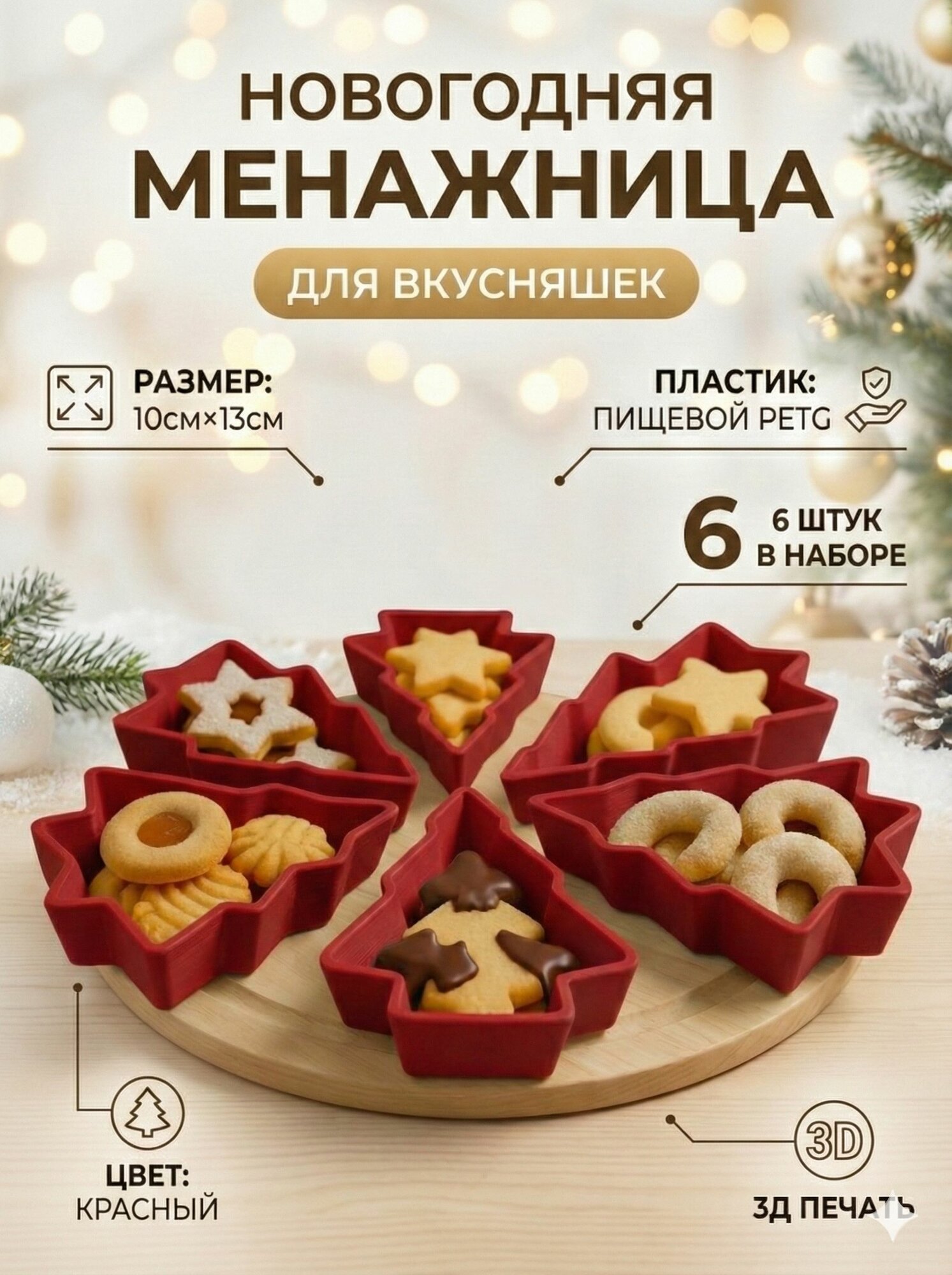 Новогодняя менажница Елочки набор 6 шт. Секционная тарелка для закусок и сервировки (красный, 3D печать)