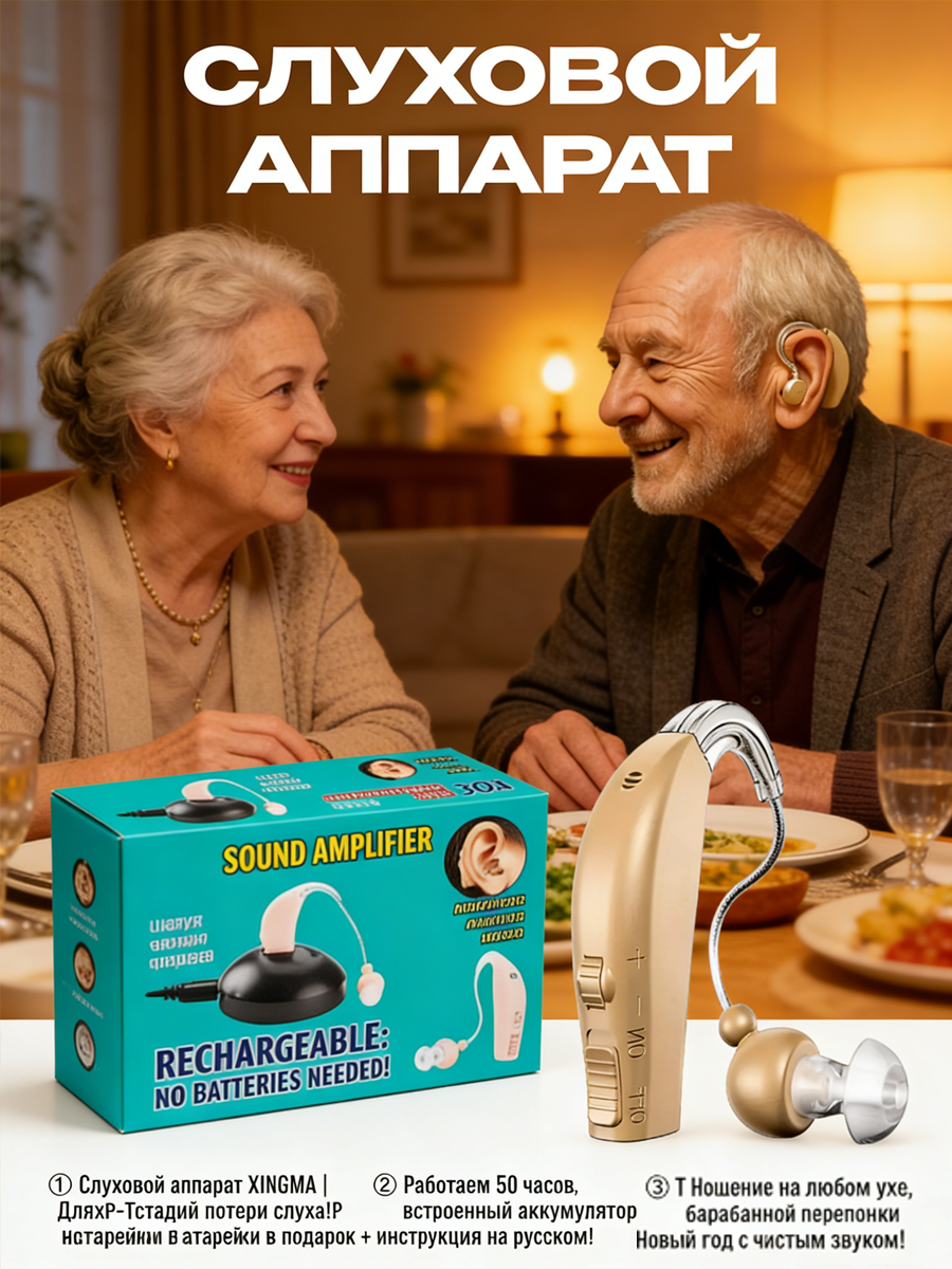 Накладной слуховой прибор с зарядным устройством для пожилых и взрослых