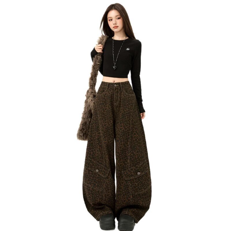 LI Mall Джинсы-леопард женские для фитнесакрой широкий крой натуральный деним